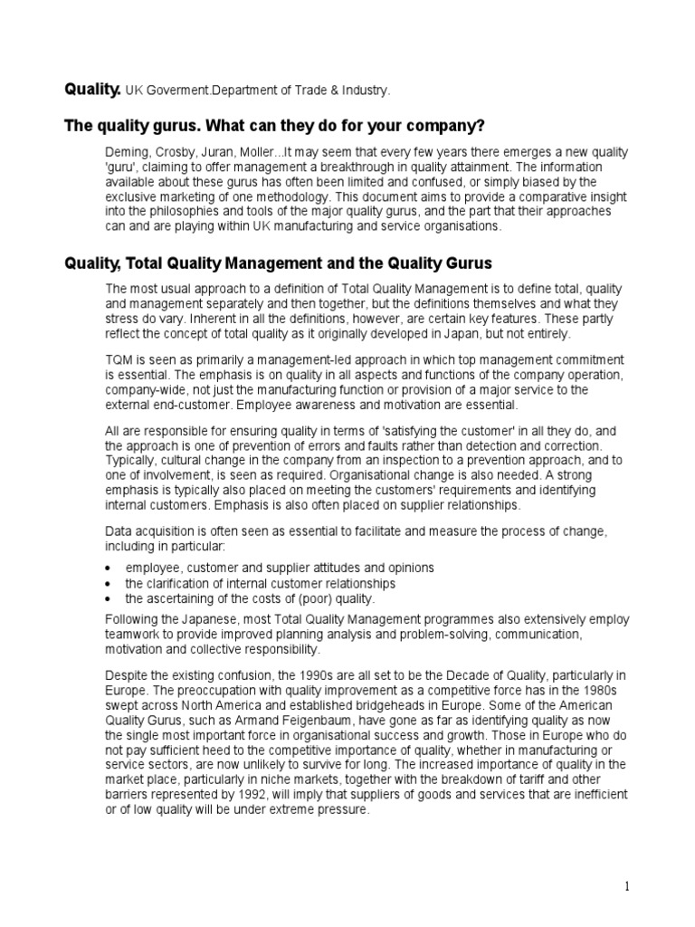 Insights on Quality Gurus and TQM | PDF | Quality (Business) | Quality ...