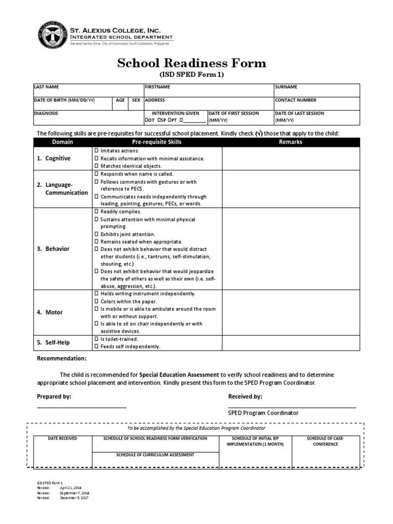School Readiness Form | Special Education | Individualized Education ...