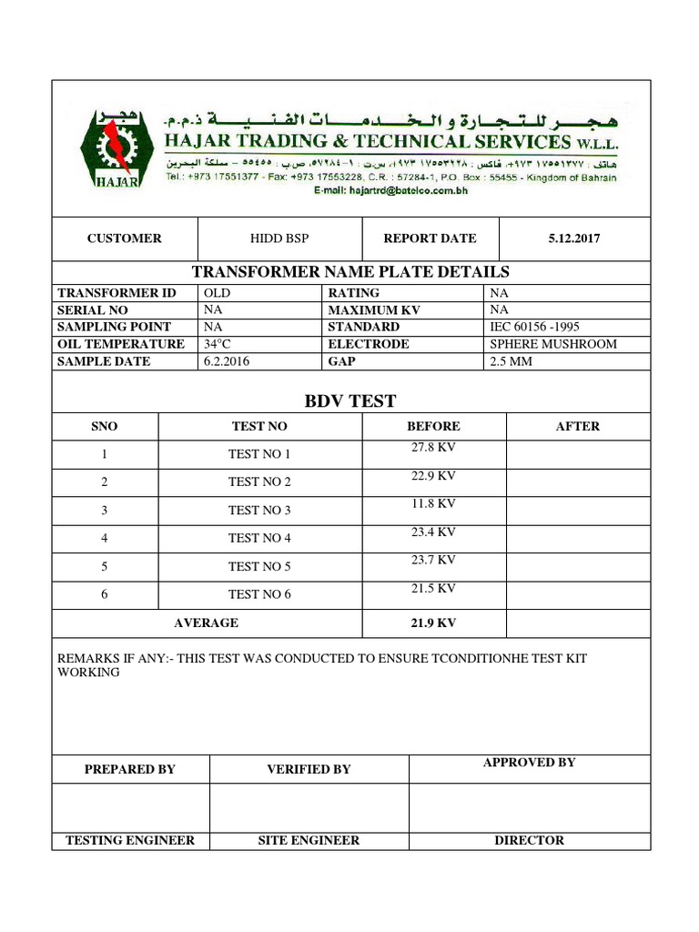Transformer Oil BDV Test Report Providing Nameplate Details and Test ...