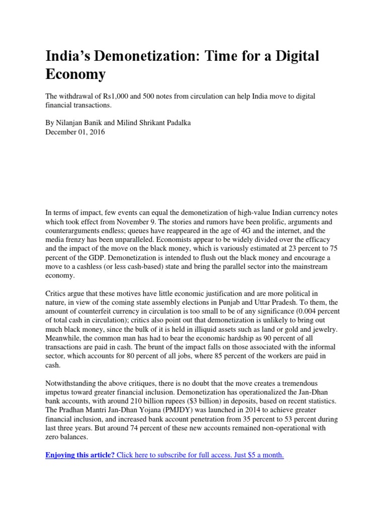 India's Demonetization: Time For A Digital Economy | PDF | Indian Black ...