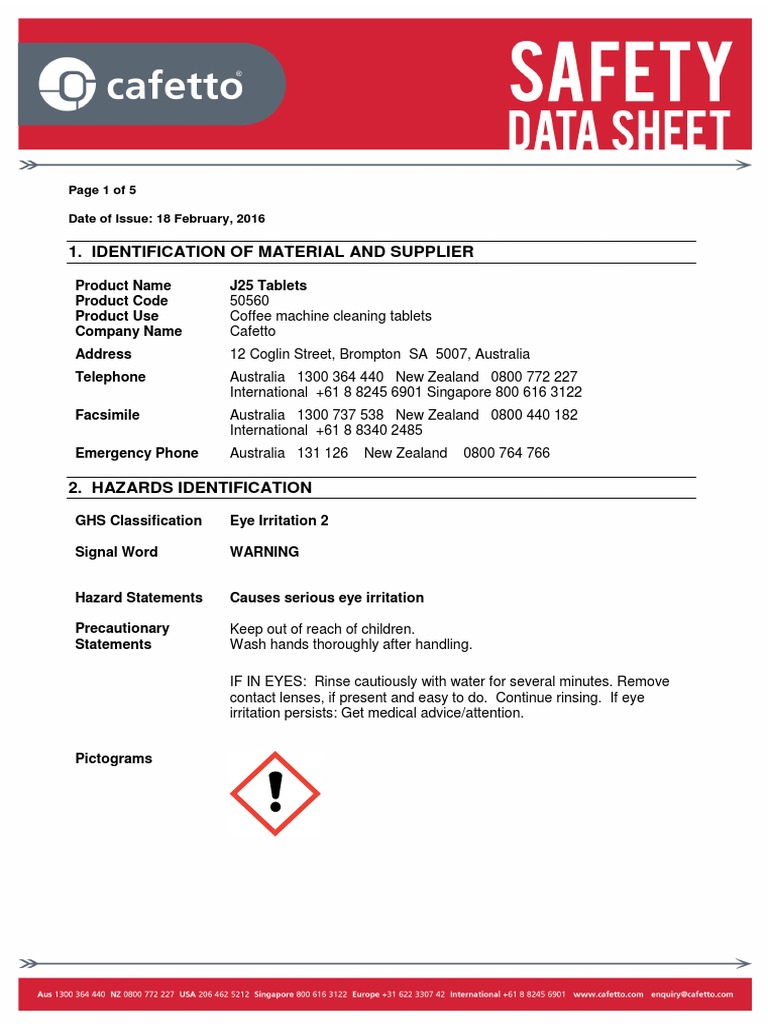 Safety Data Sheet for J25 Coffee Machine Cleaning Tablets | PDF ...