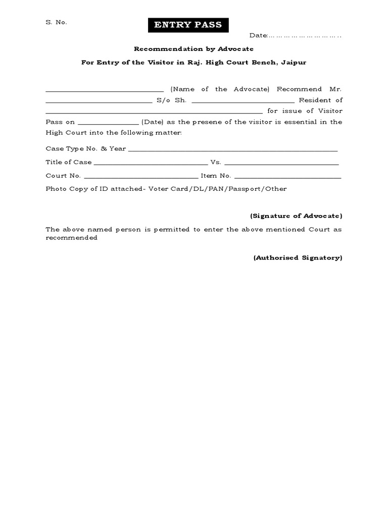 Entry Pass Format - Rajasthan High Court | PDF | Document ...