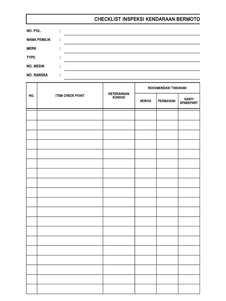Checklist Inspeksi Kendaraan Bermotor | PDF | Teknologi & Rekayasa