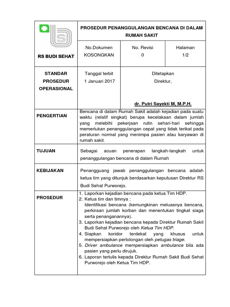 Sop Penanggulangan Bencana Dalam Rumah Sakit | PDF