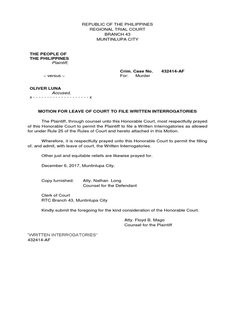 Motion for Leave to File Interrogatories | PDF | Law