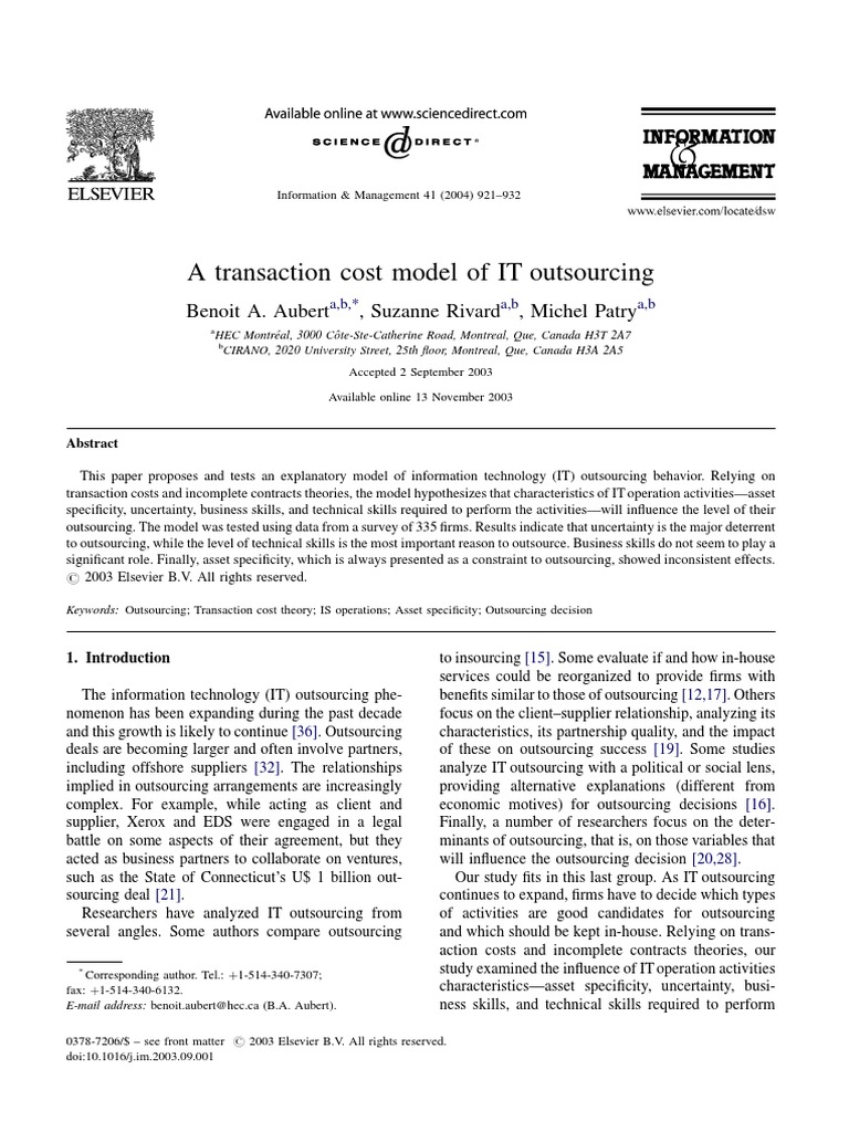 A Transaction Cost Model of IT Outsourcing | Download Free PDF ...