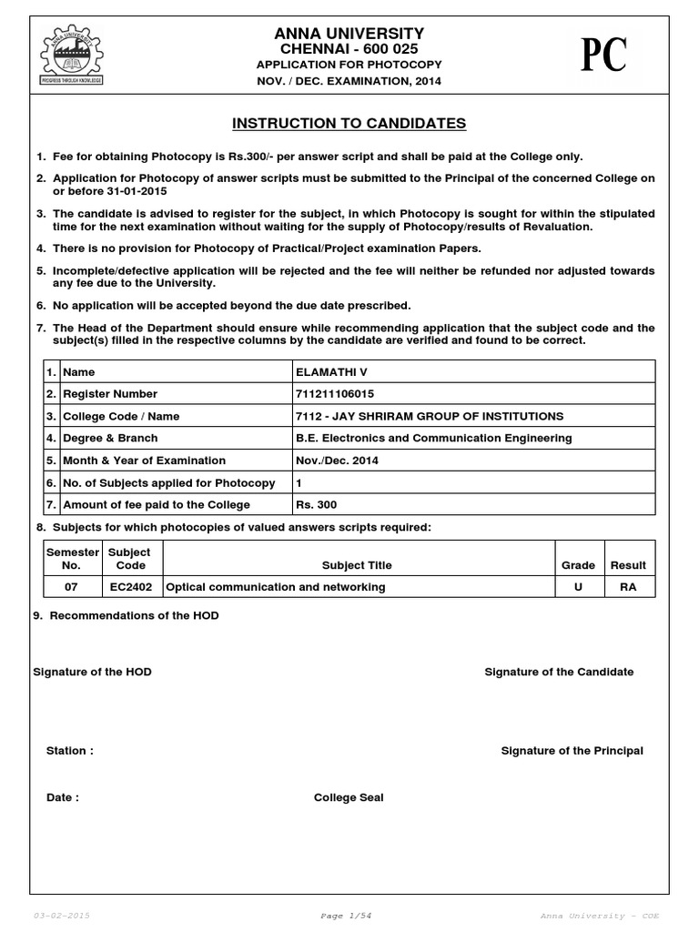 Anna University Photocopy Application 2014 | PDF | Photocopier ...