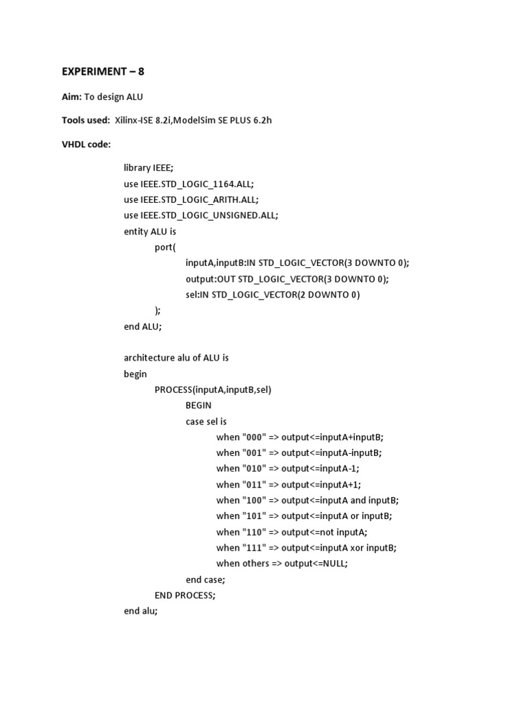 Experiment - 8: Aim: To Design Alu Tools Used: Xilinx-Ise 8.2I ...