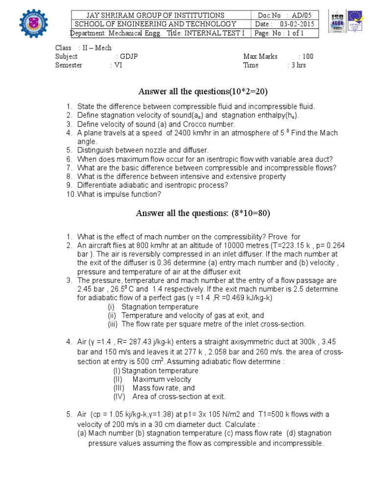 Answer All The Questions (10 2 20) | PDF | Compressible Flow | Mach Number