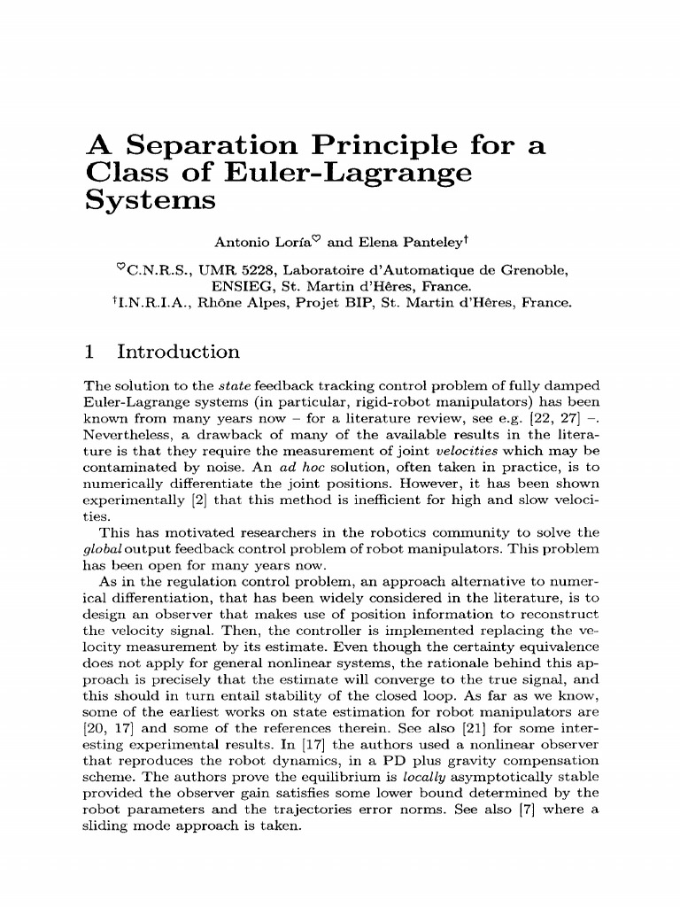 A Separation Principle For A Class of Euler-Lagrange Systems (Loria, Panteley) 1999 | PDF ...