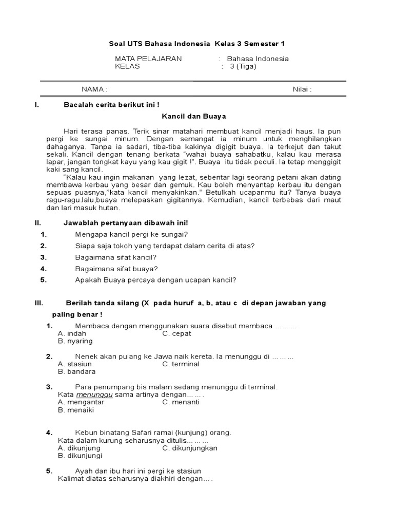 Soal UTS Bahasa Indonesia Kelas 3 Semester 1 | PDF