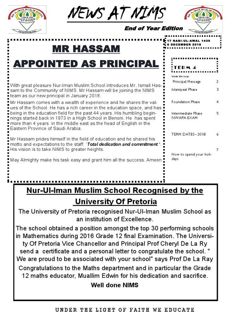 MR Hassam Appointed As Principal: Nur-Ul-Iman Muslim School Recognised ...