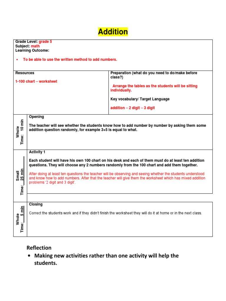 Addition Lesson Plan | PDF