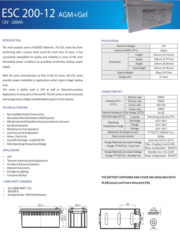 Rocket ESC200-12AGM+GEL | PDF | Battery (Electricity) | Electrical ...