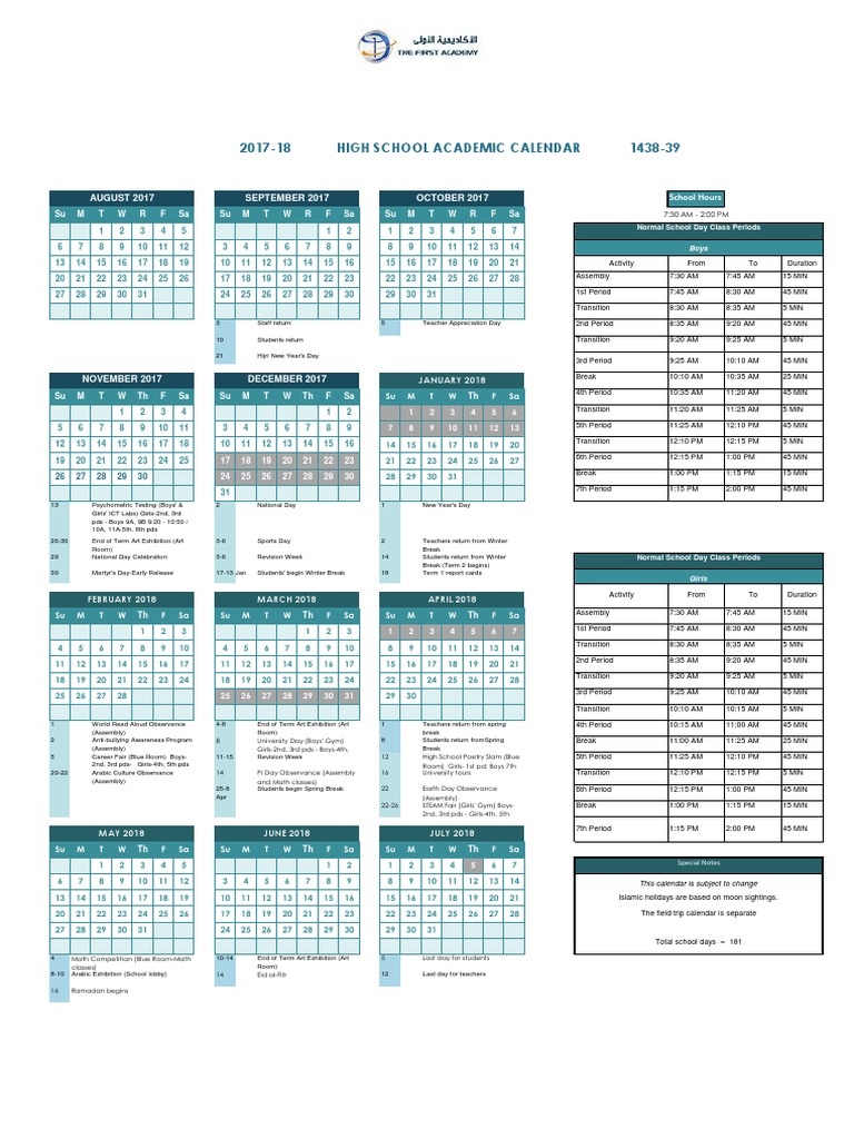 2017-18 High School Academic Calendar 1438-39 | PDF | Academic Term