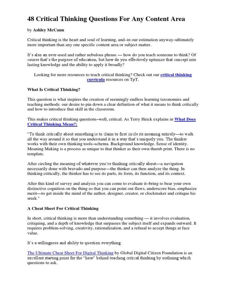 48 Critical Thinking Questions For Any Content Area | PDF | Critical ...
