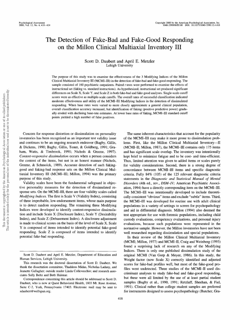 The Detection of Fake-Bad and Fake-Good Responding On The Millon ...