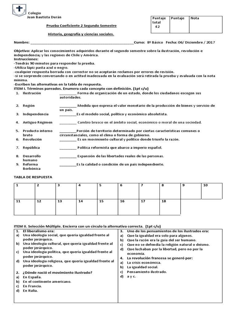 Prueba Coef 2 Historia 8vo | PDF | Chile | España