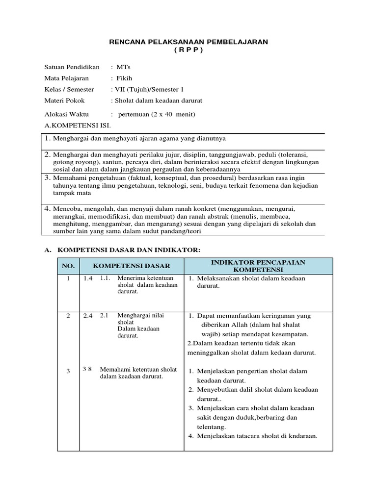 RPP Sholat DLM Keadaan Darurat | PDF