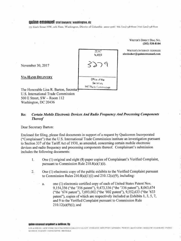 17-11-30 Qualcomm's Second ITC Complaint Against Apple | PDF | Apple ...