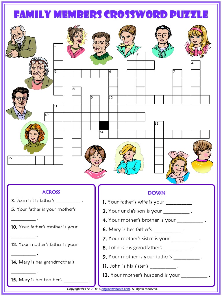 Family Members Vocabulary Esl Crossword Puzzle Worksheet For Kids | PDF