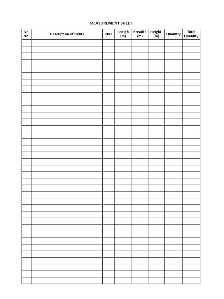 Measurement Sheet: Description of Items Nos Quantity Sr. No. Length (M ...