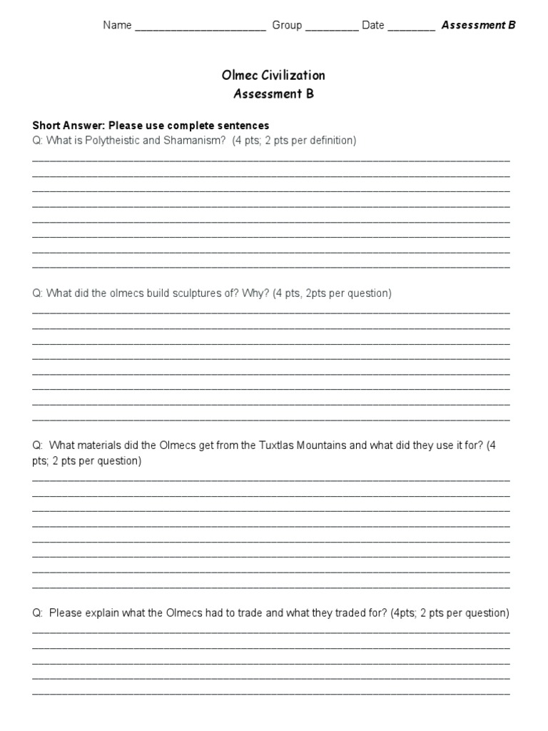 Olmec Civilization Assessment - B | PDF | Religion And Belief