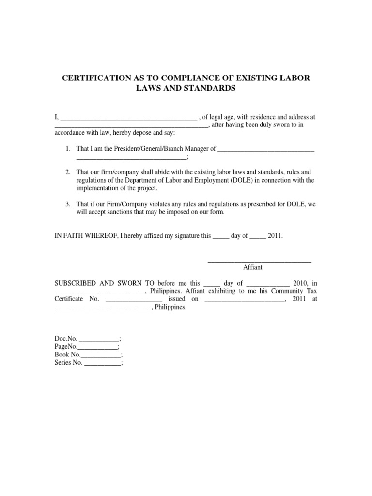 Certification As To Compliance of Existing Labor Laws and Standards | PDF