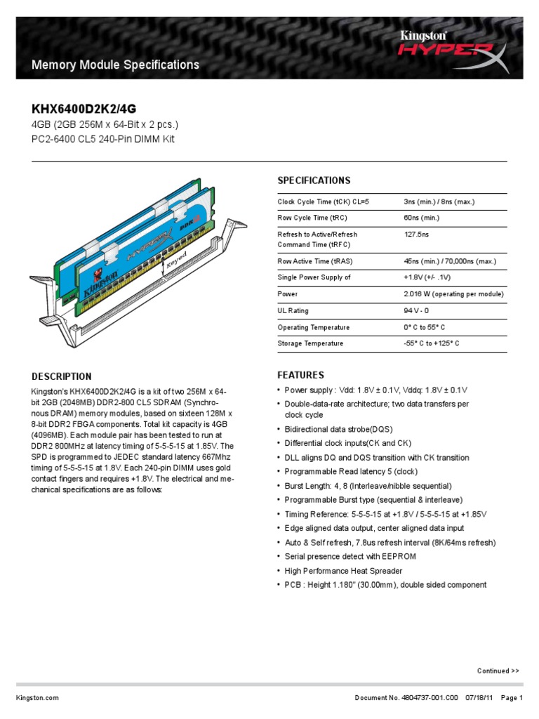 KHX6400D2K2/4G: Memory Module Specifications | PDF | Computer Hardware | Computer Data