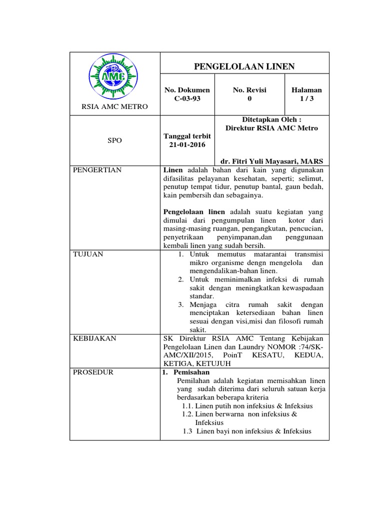 Spo Pengelolaan Linen | PDF