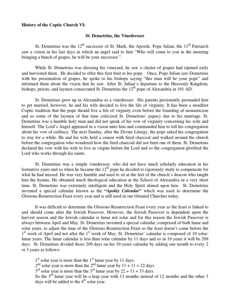 History of The Coptic Church VI: St. Demetrius, The Vinedresser | PDF ...