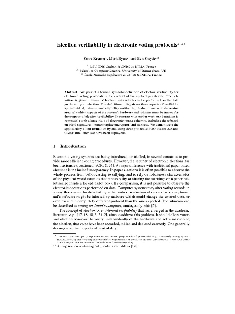 Election Verifiability in Electronic Voting Protocols by Kremer and Ryan 2010 | PDF | Public Key ...