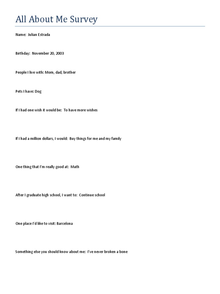 All About Me Survey For Home Page 1 | PDF
