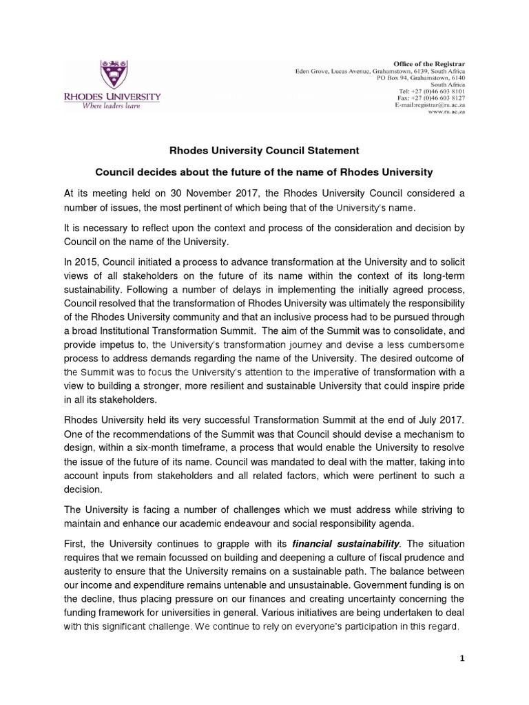 Council Statement On Name of University | PDF | Sustainability | South ...