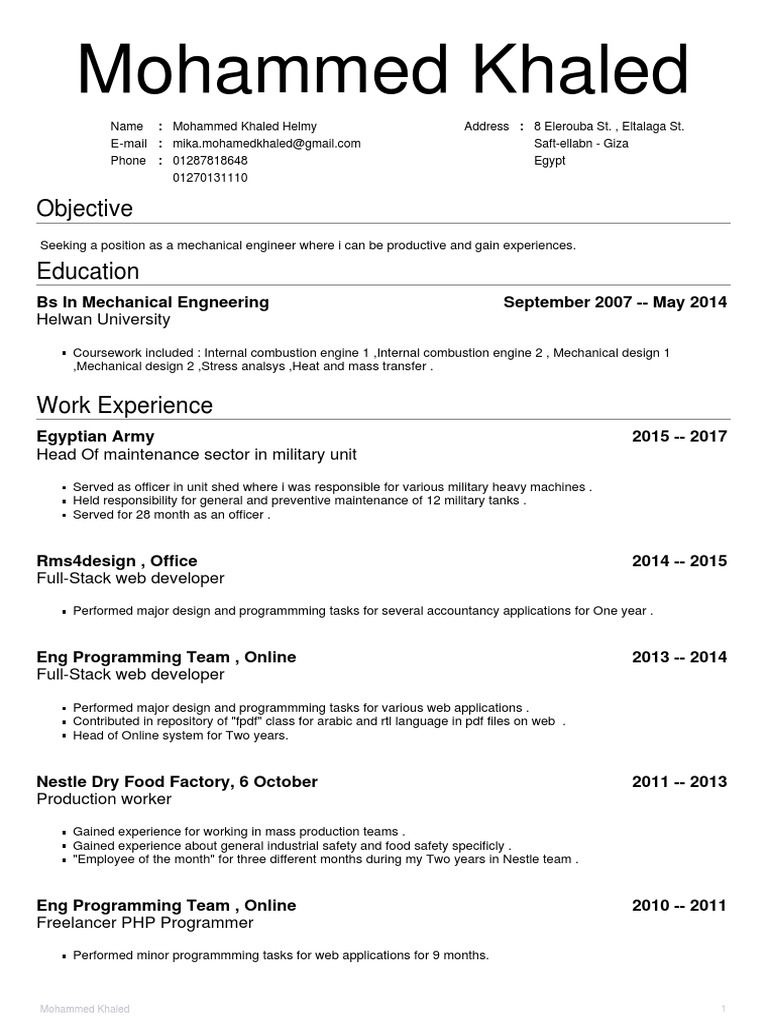 Mohamed Khaled CV | PDF | Egypt | Mechanical Engineering