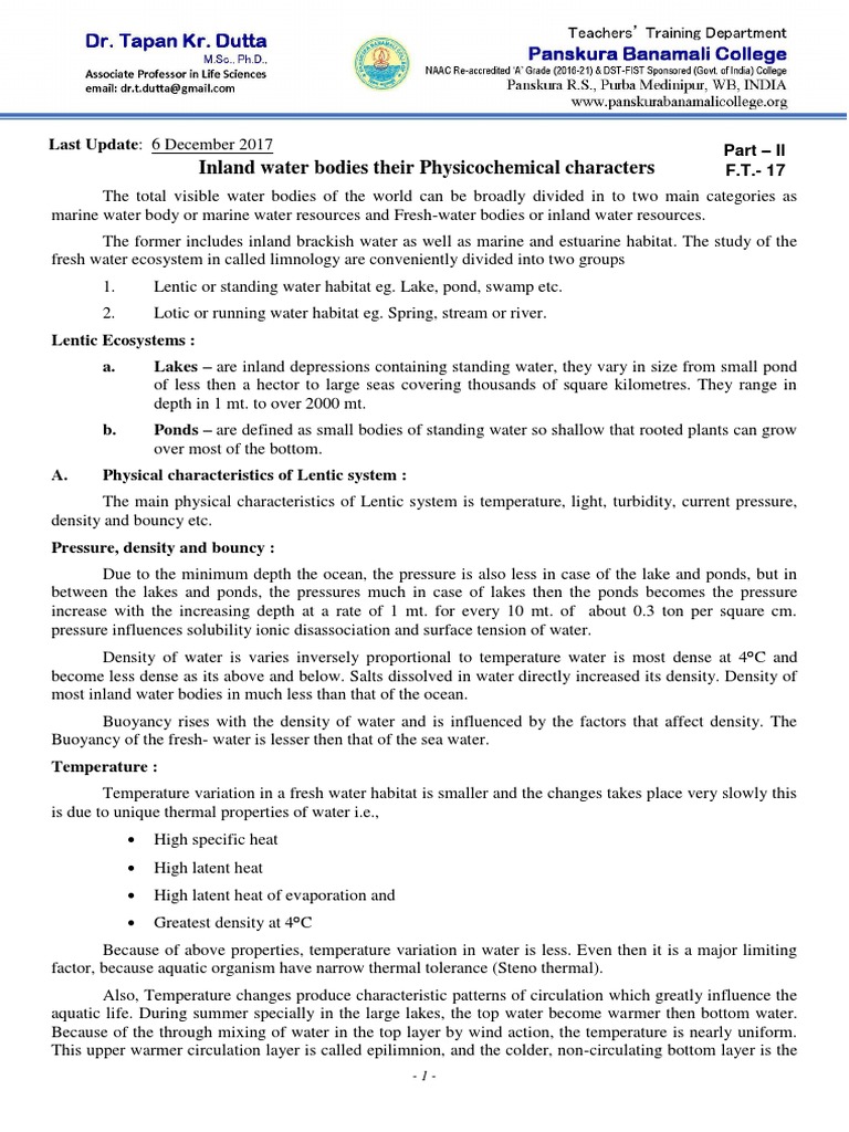 FT - 17 Inland Water Bodies Their Physical and Chemical Characterist ...