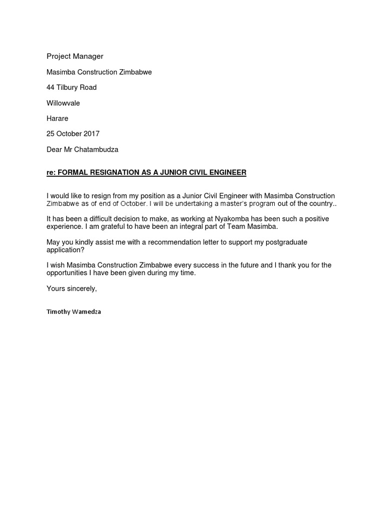 Project Manager: Re: Formal Resignation As A Junior Civil Engineer | PDF