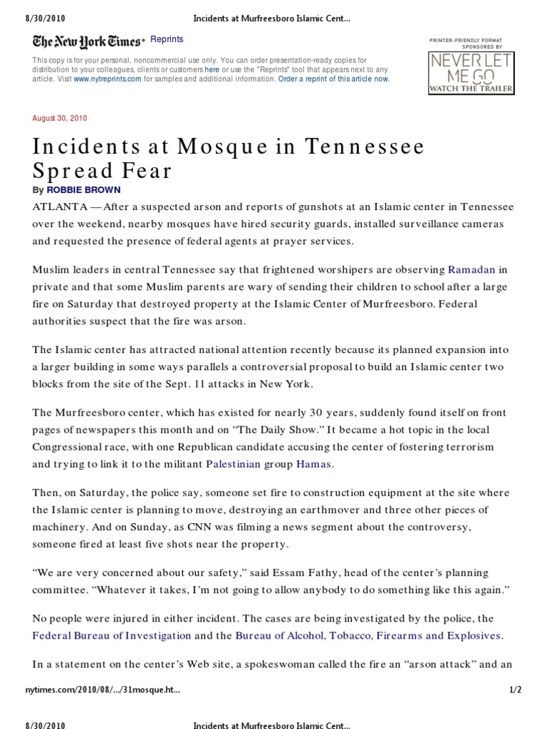 Incidents at Murfreesboro Islamic Center Spread Fear at Tennessee ...