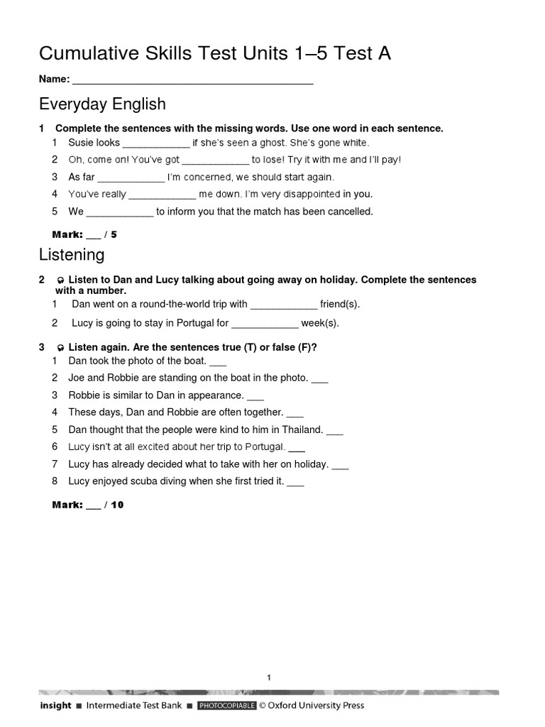 Cumulative Skills Test Units 1-5 A | PDF