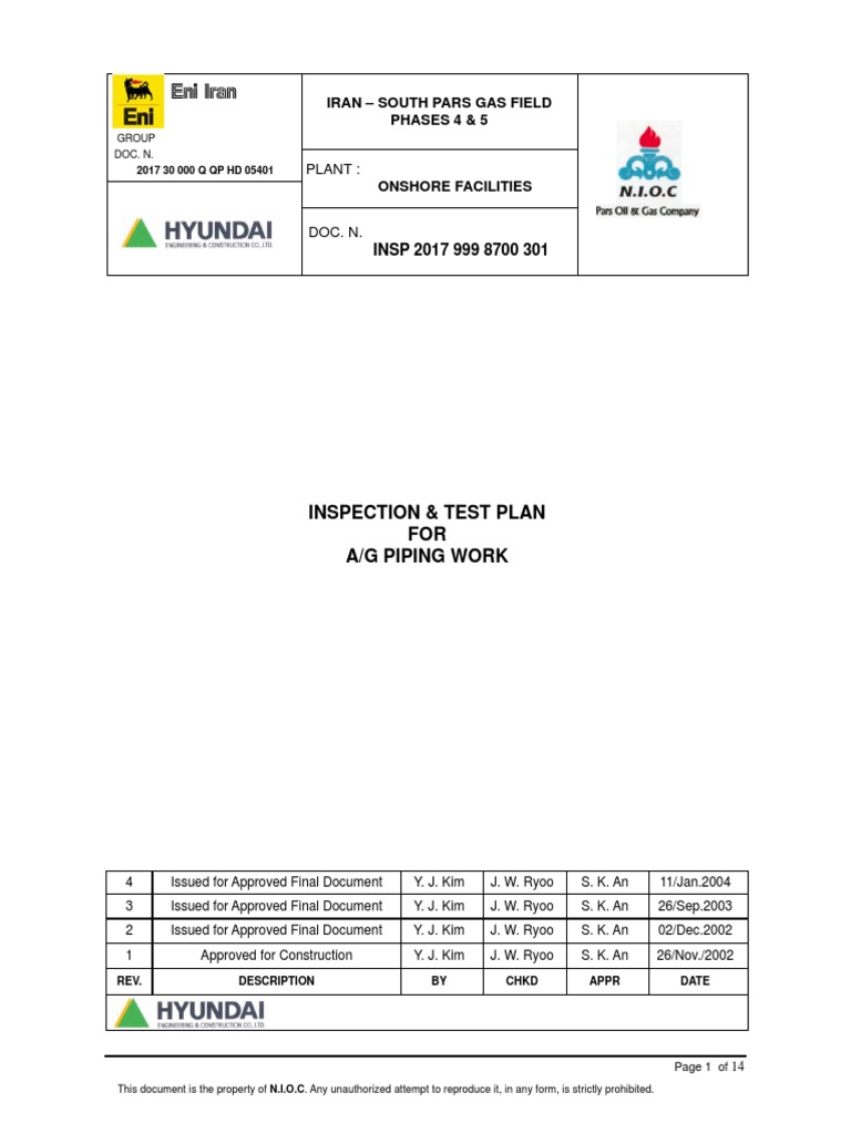 Insp 2017 999 8700 0301 Inspection Test Plan For A Piping Work | PDF ...