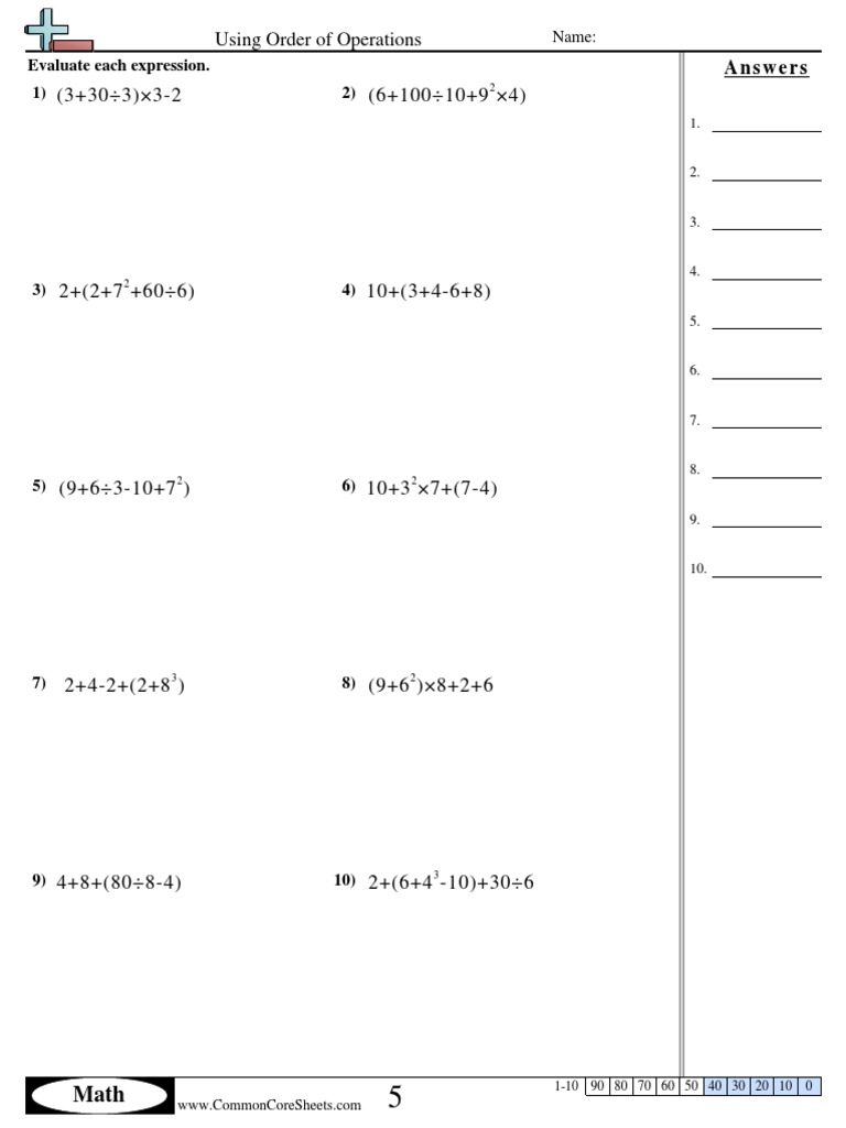 Using Order of Operations: 1) 2) Evaluate Each Expression | PDF ...