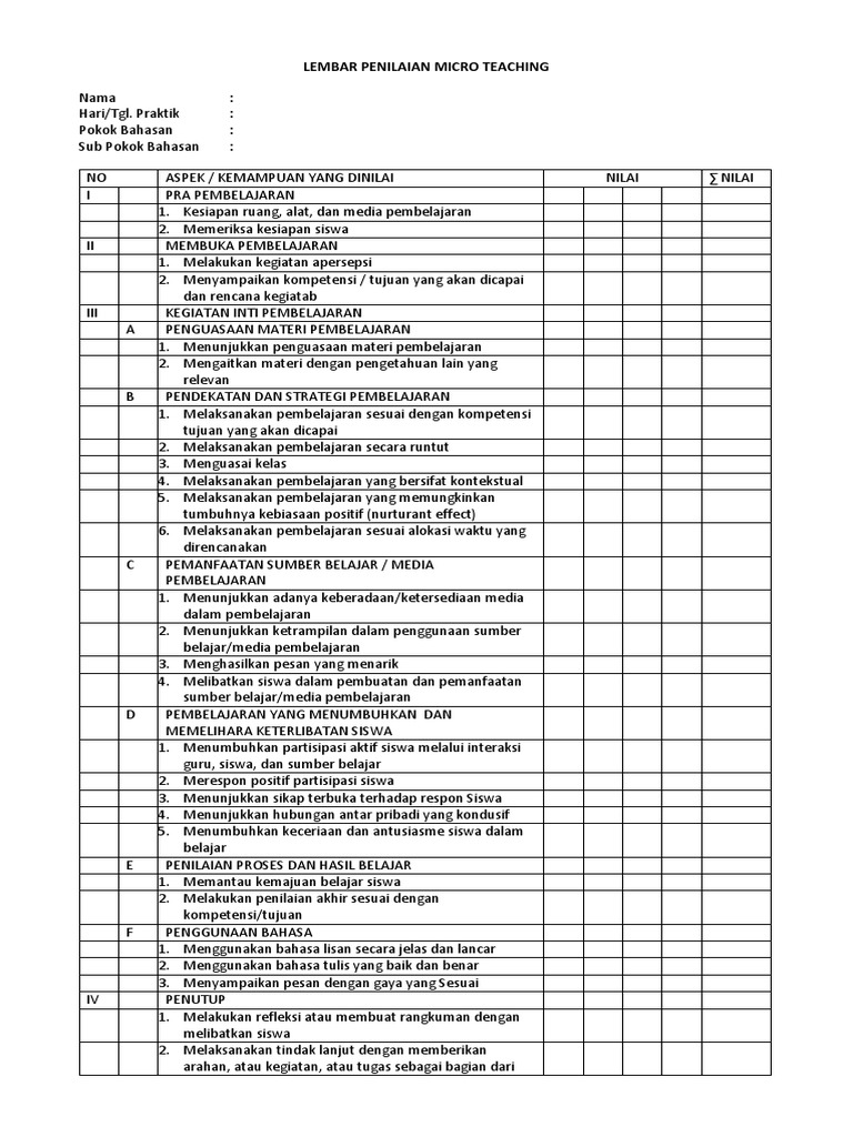 Lembar Penilaian Micro Teaching | PDF