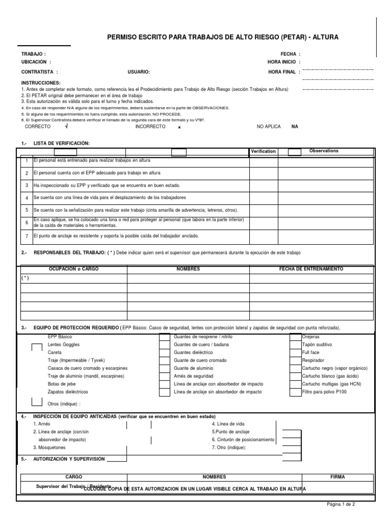 Permiso Escrito para Trabajo de Alto Riesgo PETAR Alturo | PDF | Naturaleza