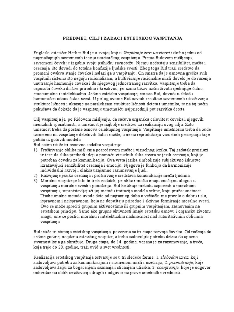 Pedagogija Estetsko Vaspitanje | PDF