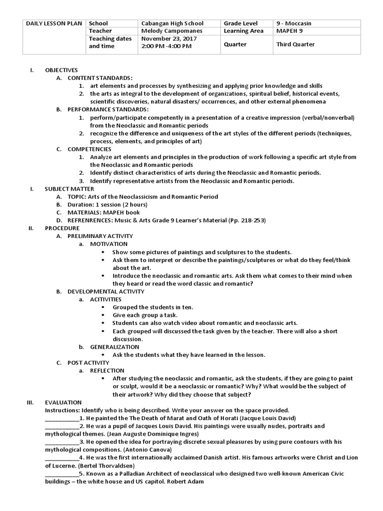 Arts 1 Lesson Plan Neoclassical and Romantic Perios | PDF | Romanticism ...
