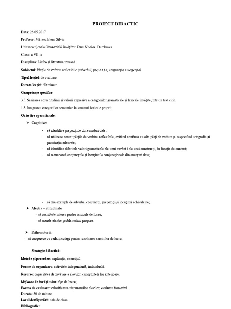 PROIECT DIDACTIC (Test de Evaluare Clasa a VII-A)