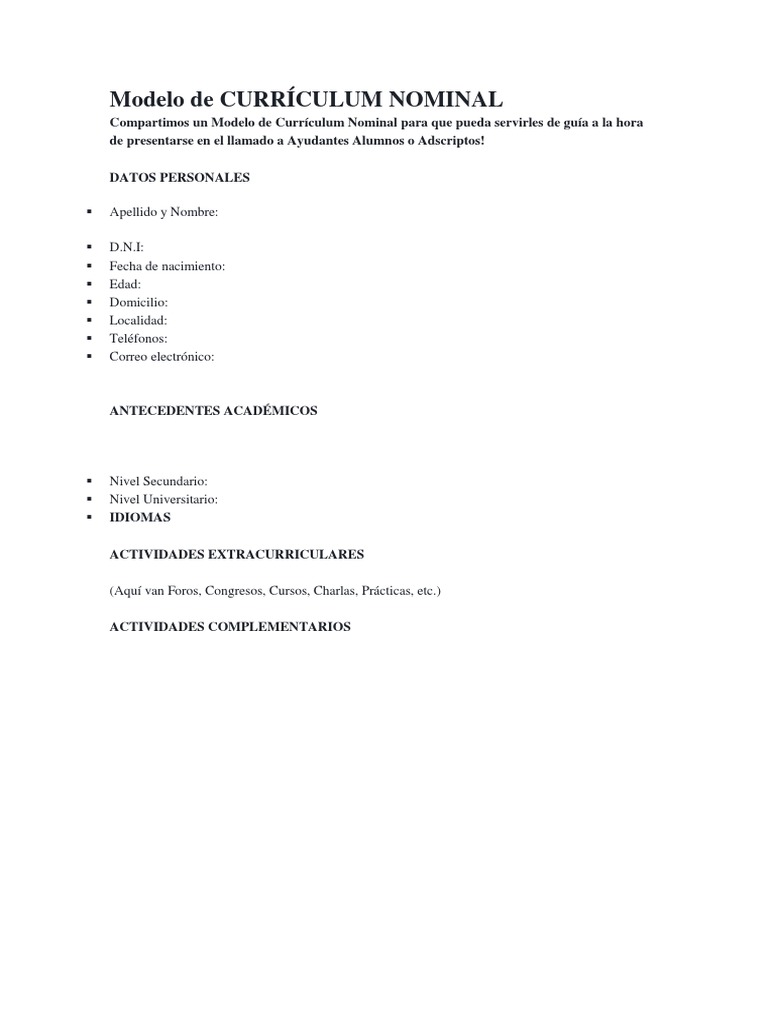 Modelo de Currículum Vitae Nominal | PDF
