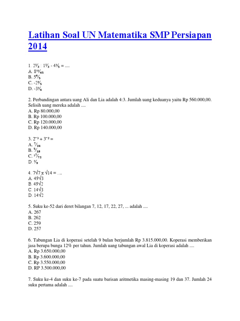 Soal UN Matematika SMP 2014 | PDF