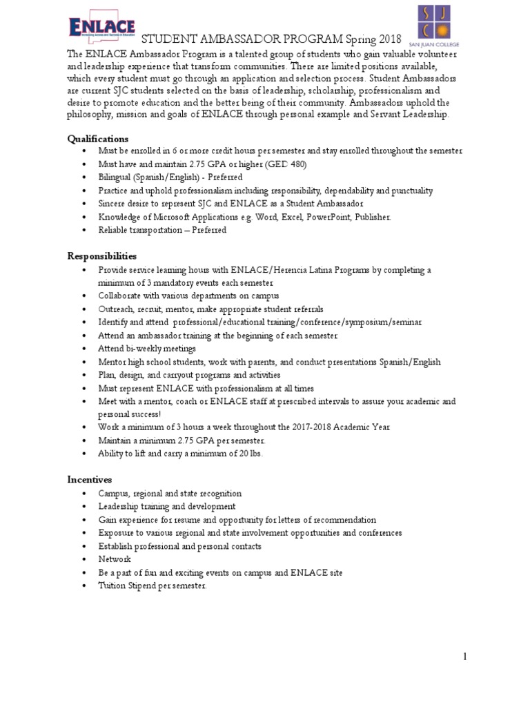Ambassador Program Application Spring 2018 | PDF | Academic Term ...