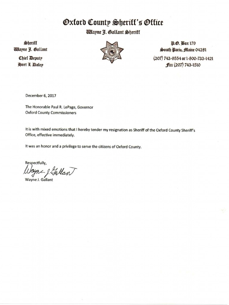 Oxford County Sheriff Wayne Gallant's Resignation Letter | PDF